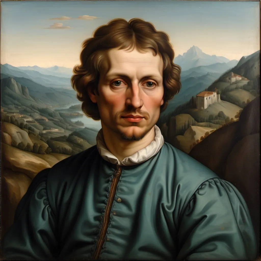 Oil on panel, painted portrait of a man with mountai...