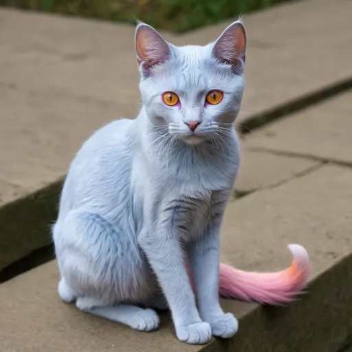 light blue cat with orange eyes and a pinkish-purple...
