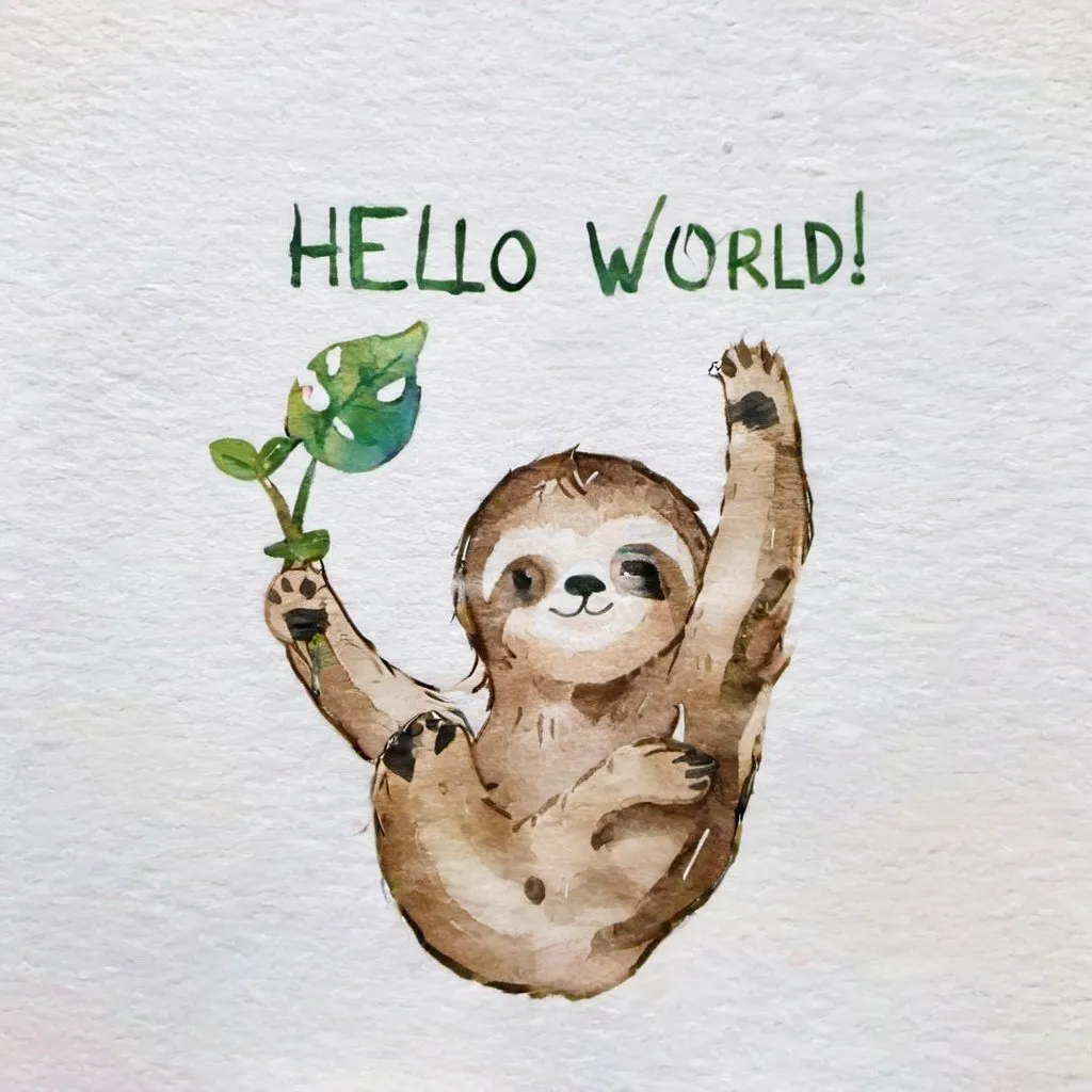 one sloth holds with a "Hello world!" sign