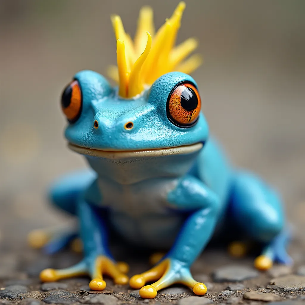 A blue frog with a yellow mohawk