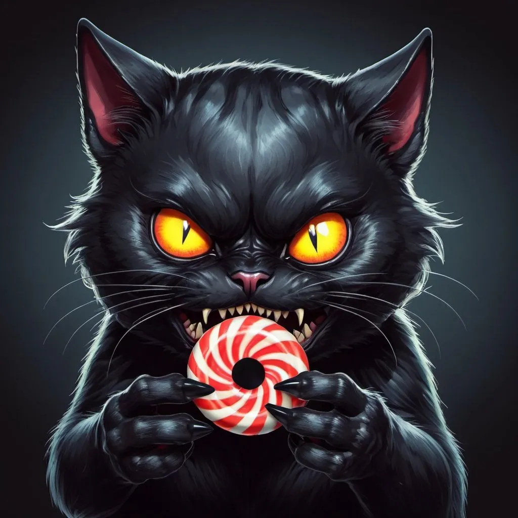 Evil Black Cat Monster With Claws eating candy