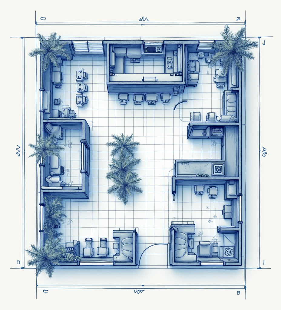 Blueprint of a restaurant floor plan, detailed archi...
