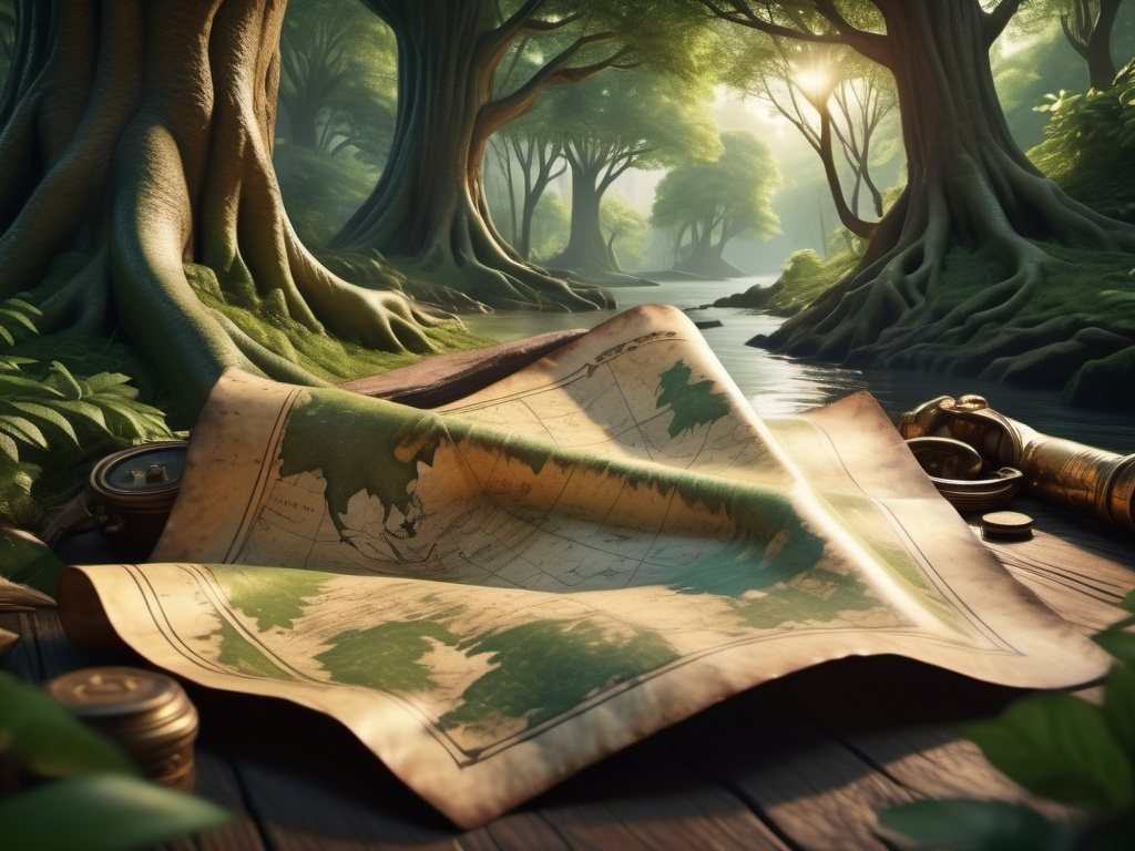 Ancient treasure map, intricate details, a winding r...