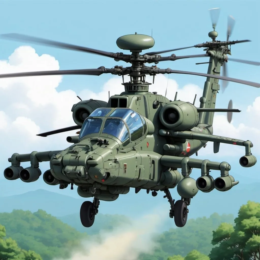 Ghibli 2D anime style. A Ka-52 attack helicopter.
