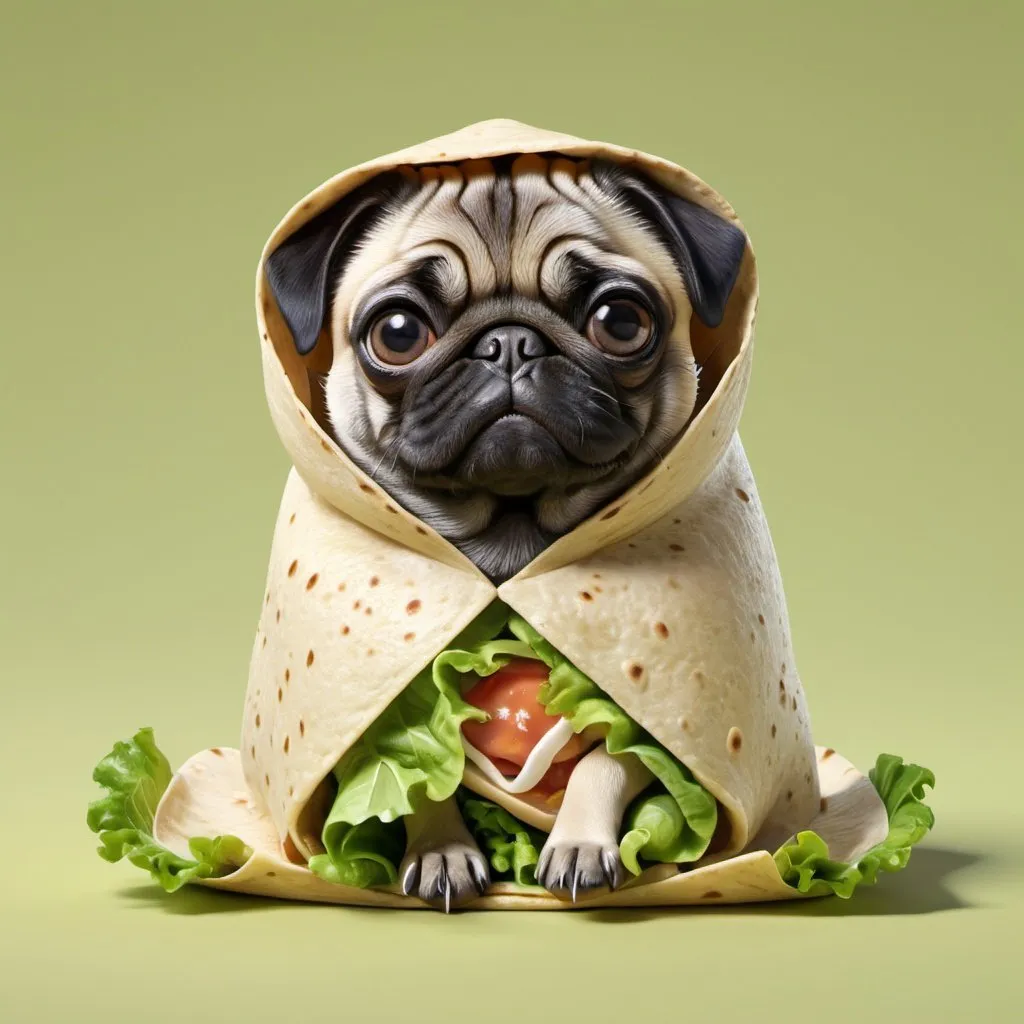 Adorable pug dog in a tortilla, burrito dog, 3d char...