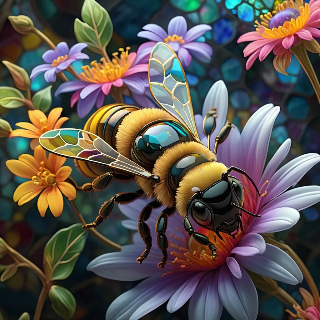 a transparent stained glass bee, flowers, extreme de...