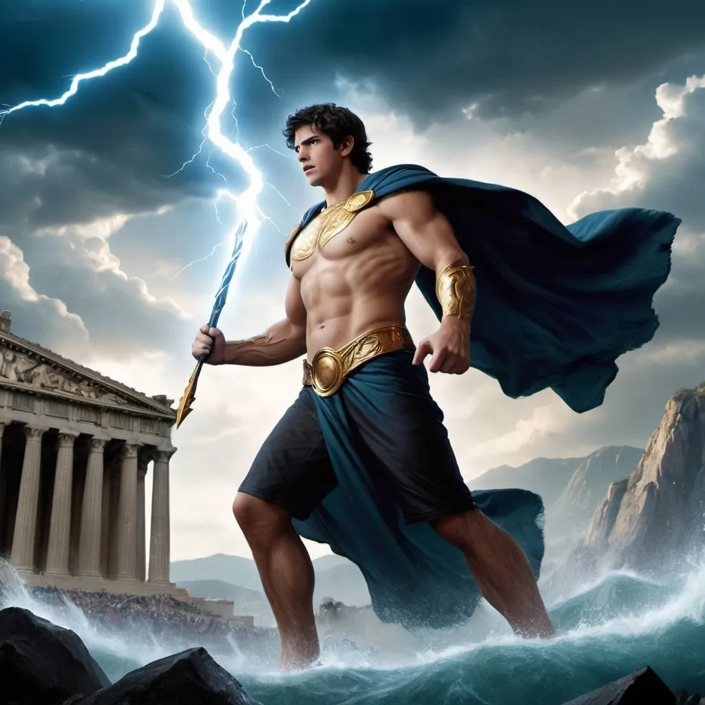 In the foreground, Percy Jackson stands heroically w...
