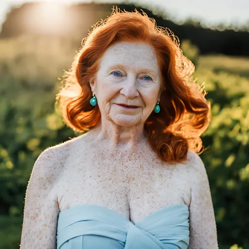 Attractive elderly redhead woman wearing a blue stra... | OpenArt