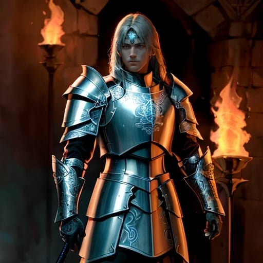 Paladin in enameled plate armor, deep neon runic et...