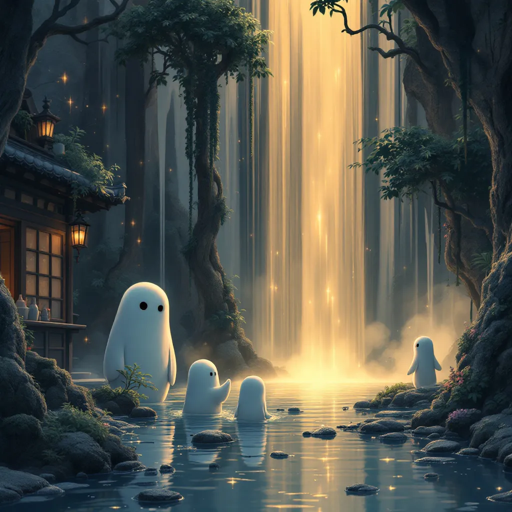 A mystical scene from "Spirited Away" with spirits w...