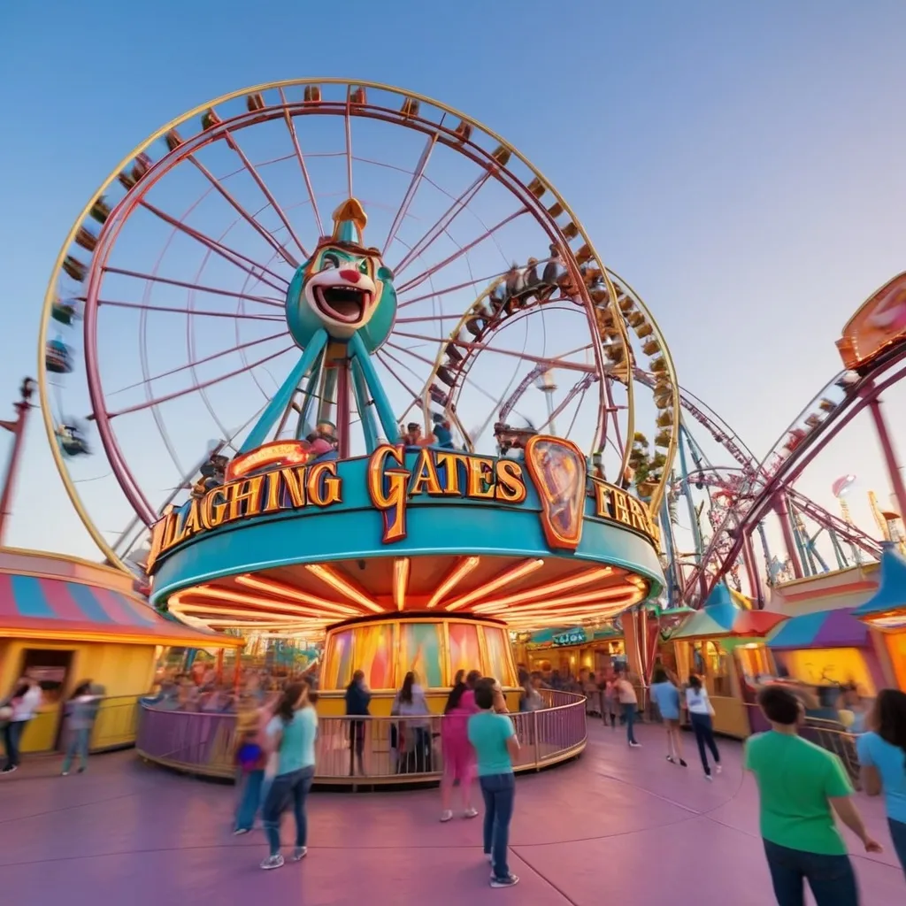 Wide-angle view of the theme park entrance—bright ga...
