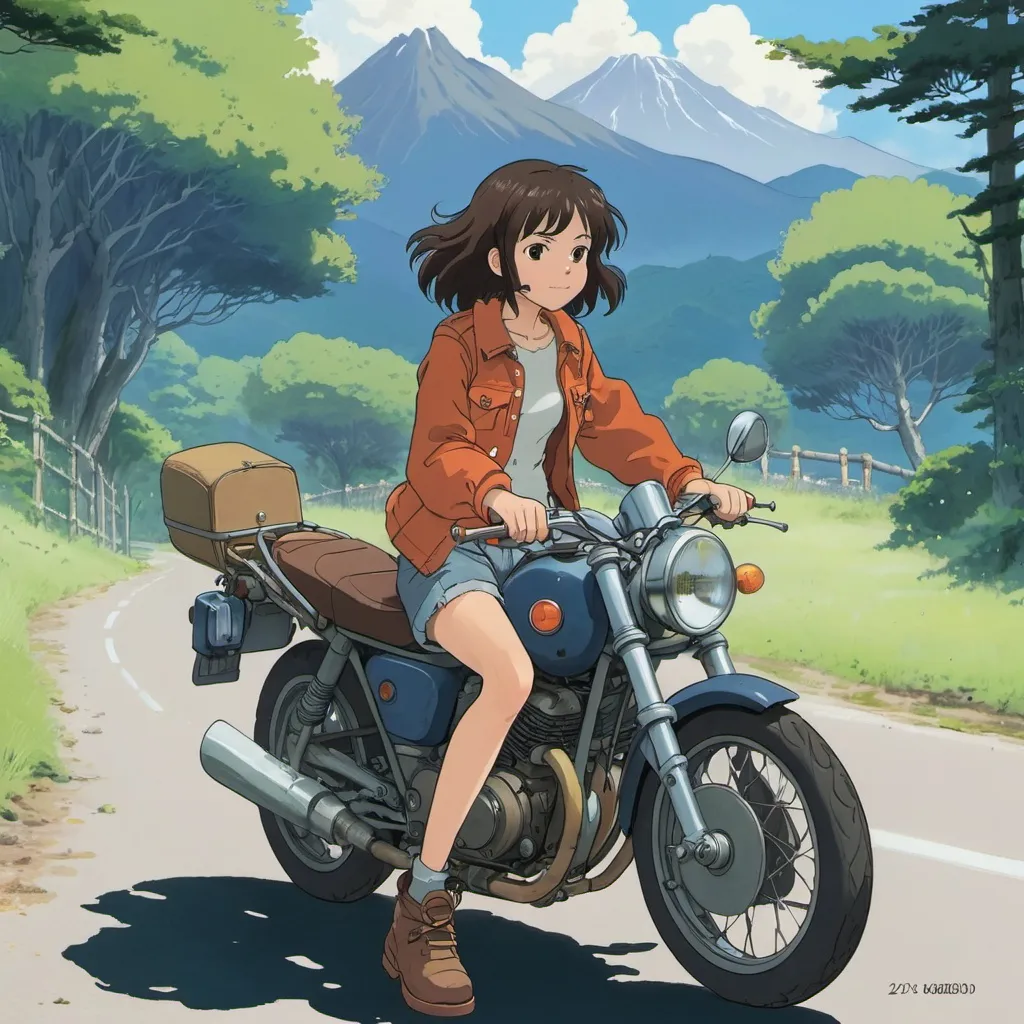 2d studio ghibli anime style, girl on motorcycle, an...