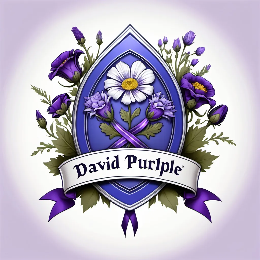 a white and blue emblem with flowers and a ribbon ar...