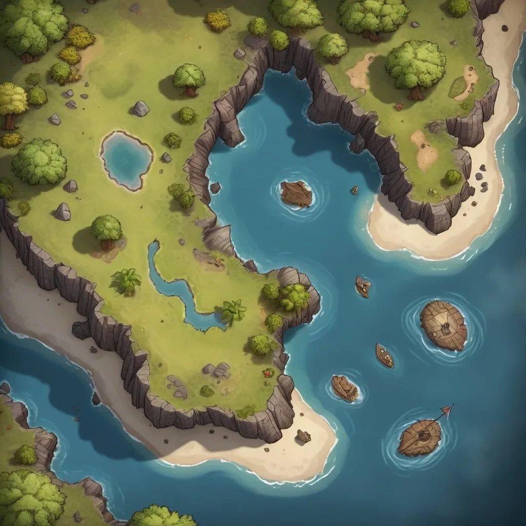A top-down map of an island, 2d dnd battlemap, highl...