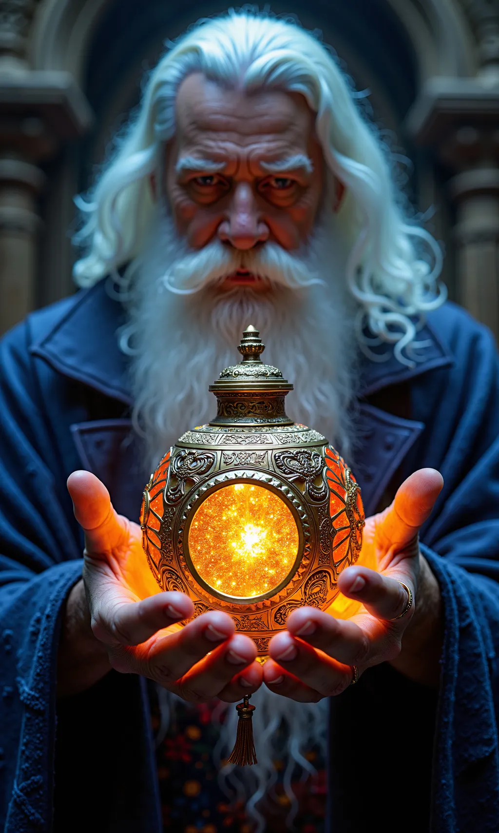 Closeup of a mighty wizard holding an elaborately de...