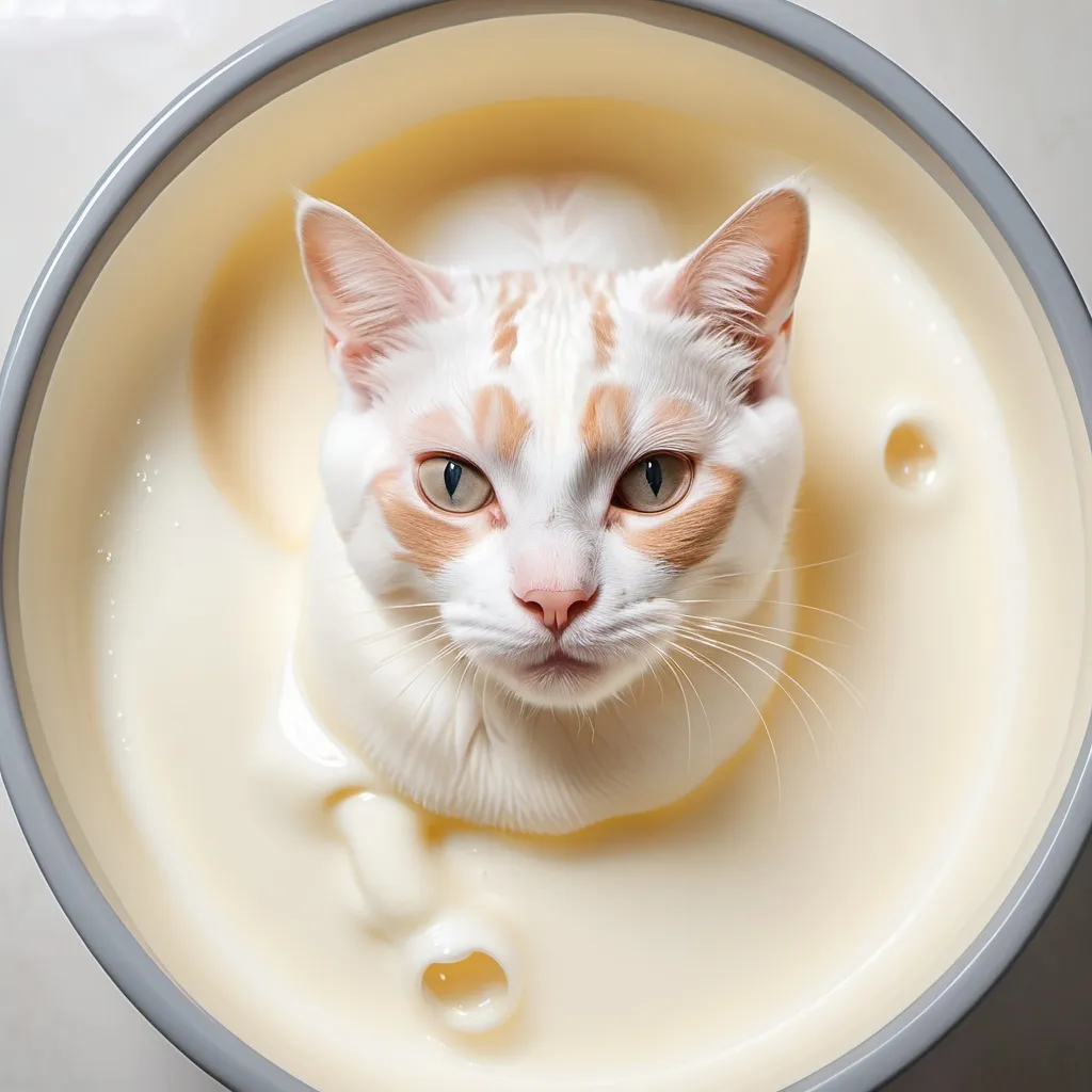 cat swimming in a bowel of milk