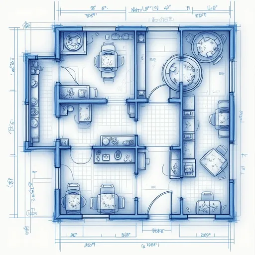Blueprint, detailed floor plan of an efficient studi...
