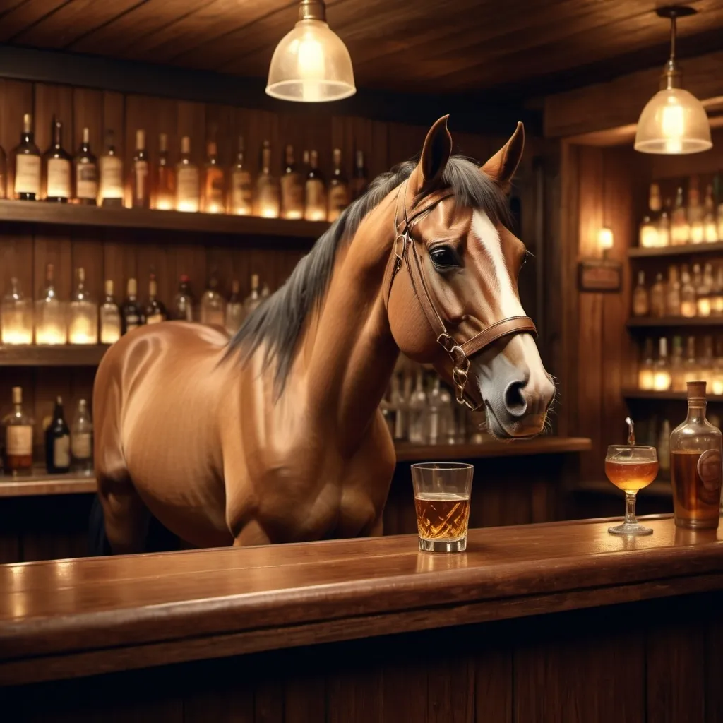 a horse sitting in an empty bar with a bartender beh...