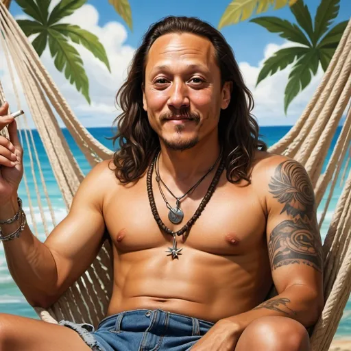 a dark skinned Rob Schneider with long brown hair an...