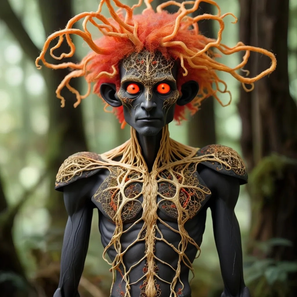 Man made from mycelium, tall with long legs and elvi...