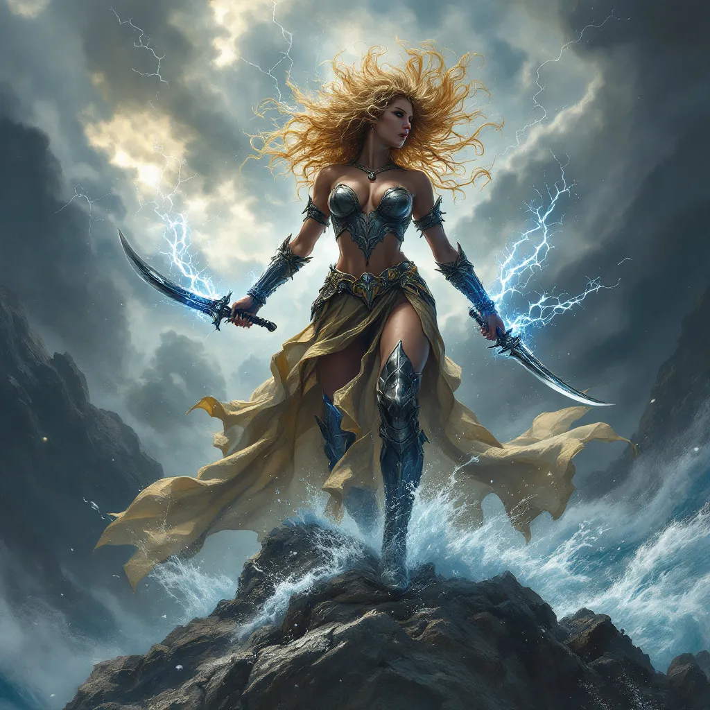 Envision a powerful female tempest, her silhouette d...