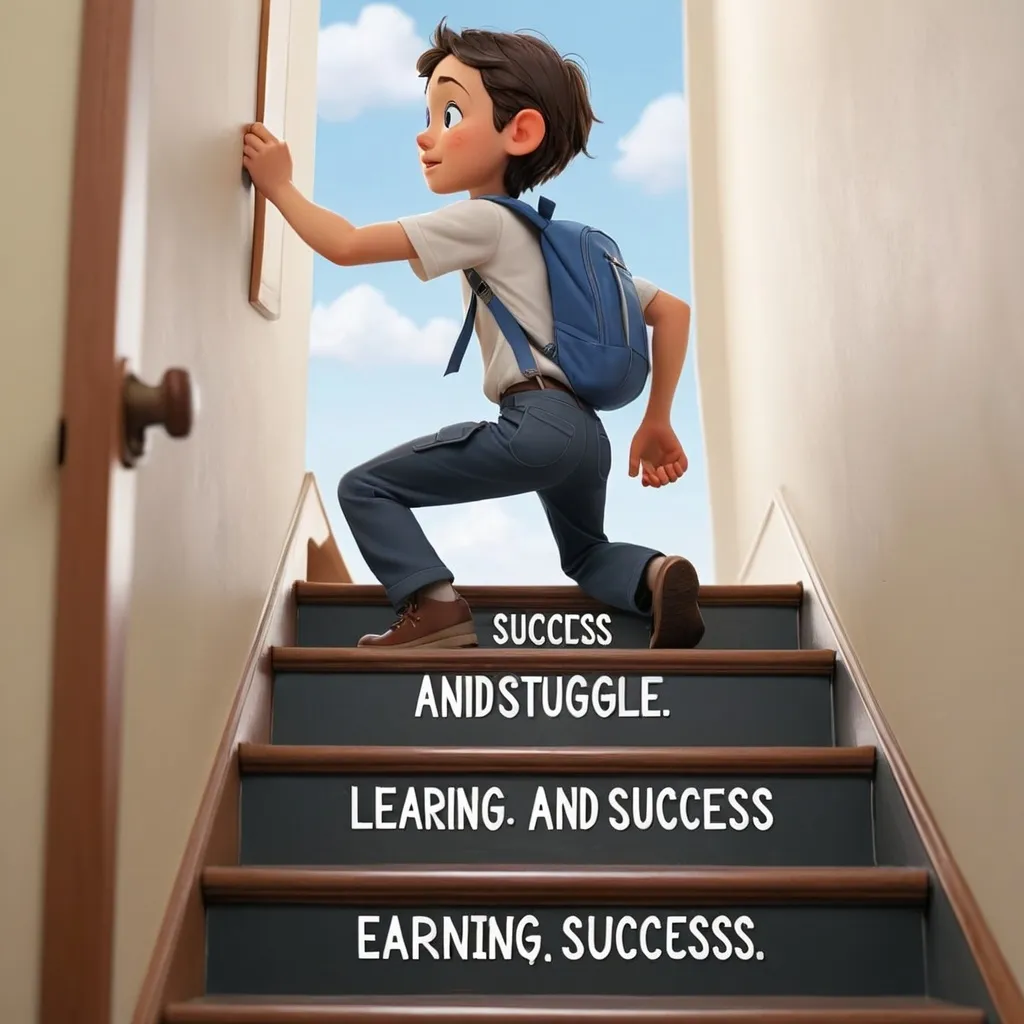 A character climbing stairs with each step labeled