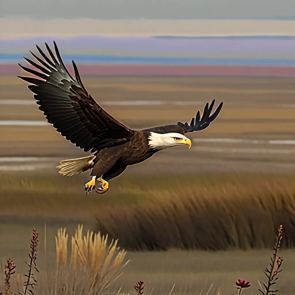 Cartoon wildflower Prairie with eagle flying over