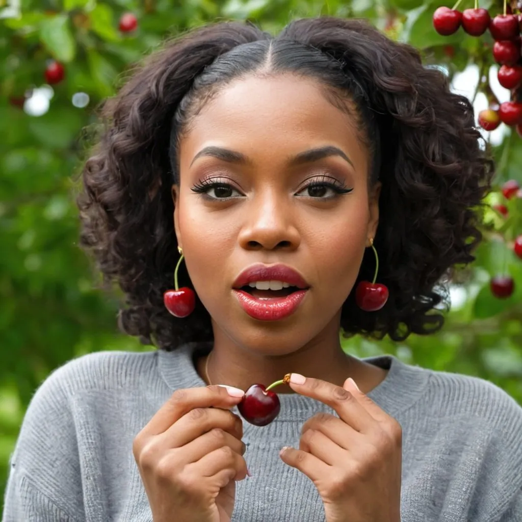 Beautiful Black woman in a jumper eating cherries