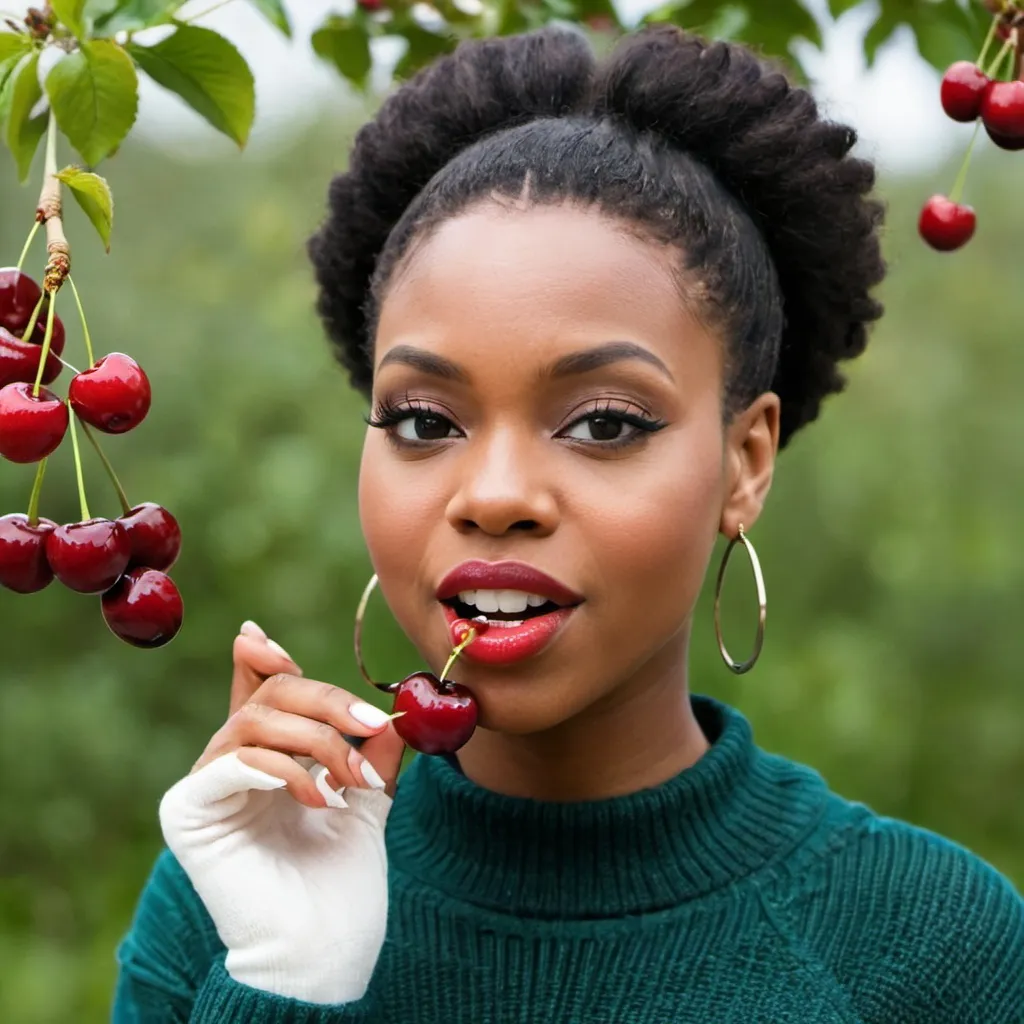 Beautiful Black woman in a jumper eating cherries