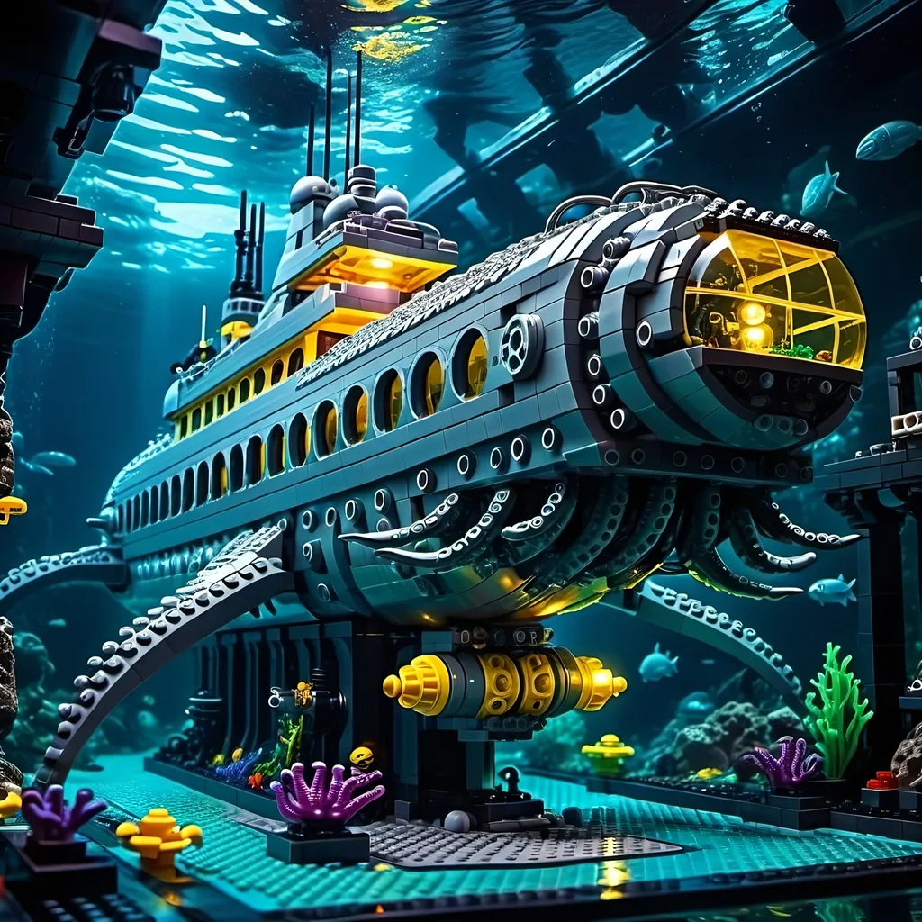 Big scale Cyberpunk Lego submarine in Atlantis explo...