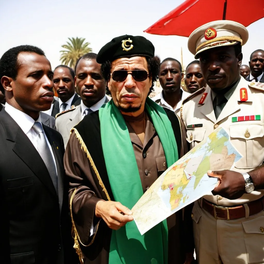 Muammar Gaddafi in military uniform , HOLDING AFRICA...