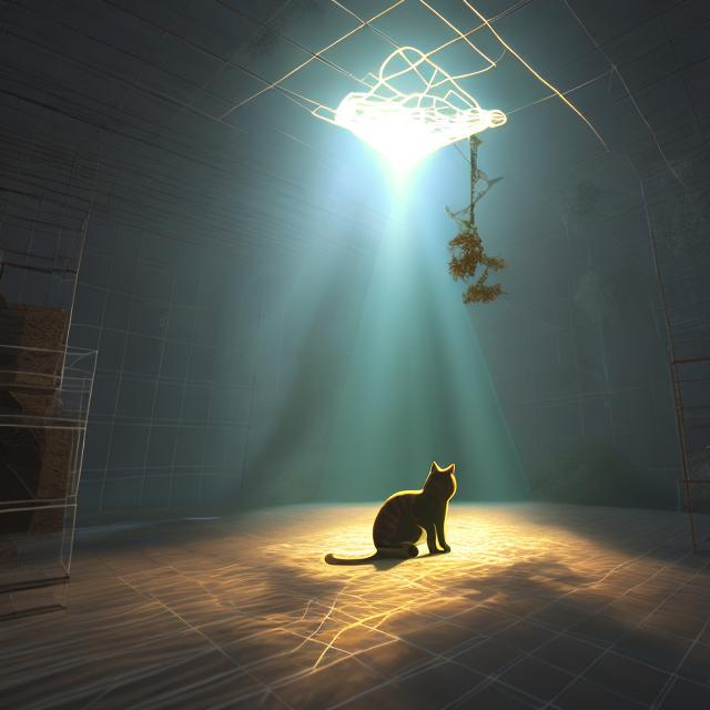 cat, wireframe, god rays, cave