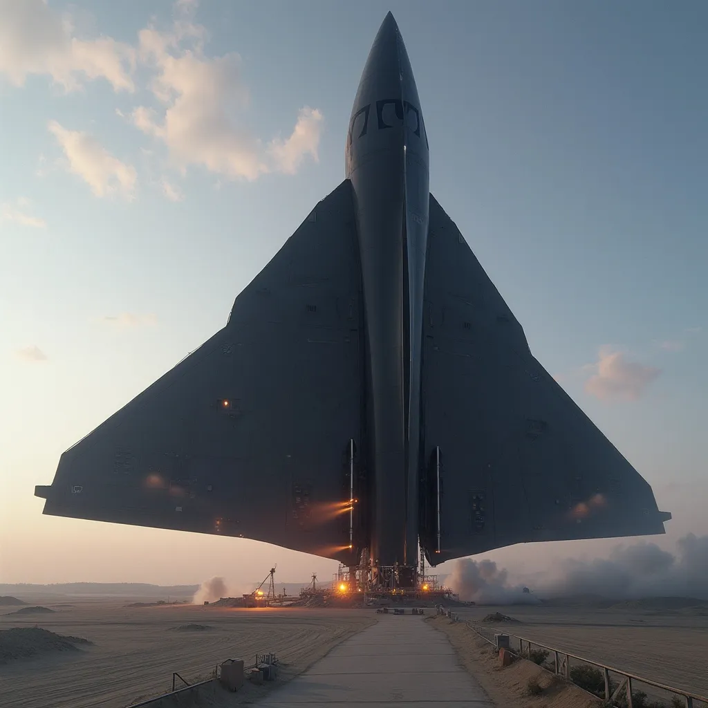 A black wide delta wing starship forms part of the h...