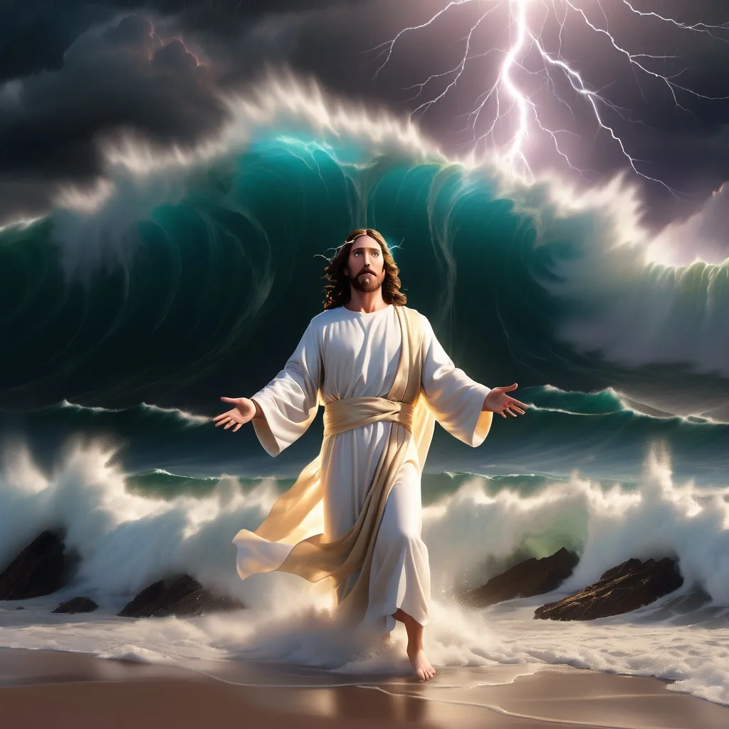 Jesus is clothed and on the horizon as a figure in t...