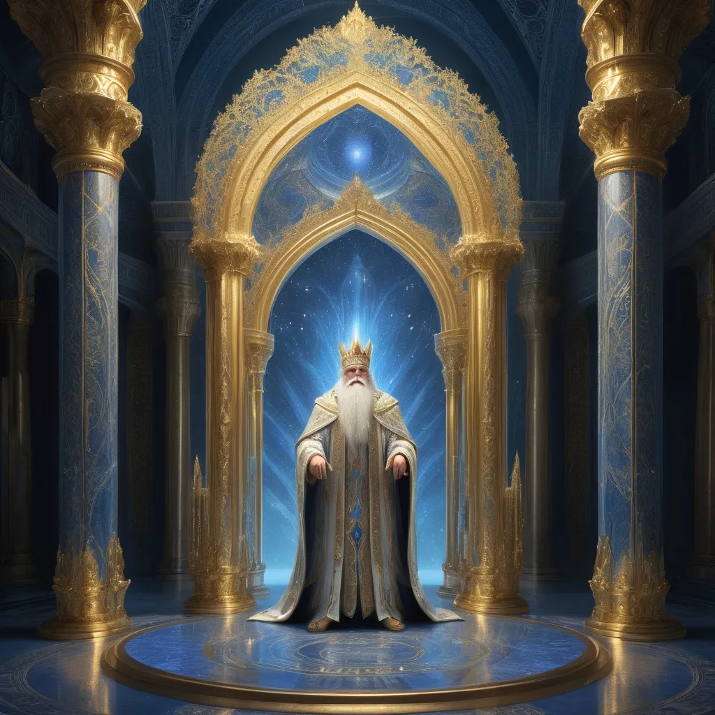 A grand, otherworldly throne room of towering gilded...