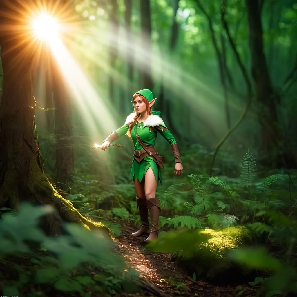 Elf ranger in a mystical forest around sunlight