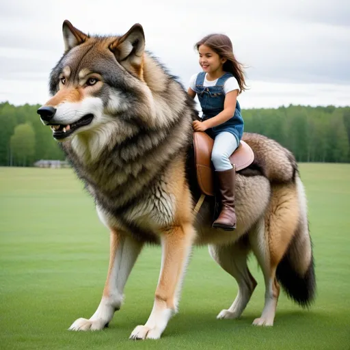 small girl mounted atop her giant riding wolf, ridin...