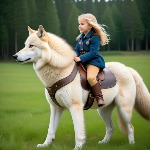 small girl mounted atop her giant riding wolf, ridin...