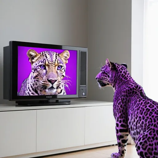 purple leopard looking at a tv