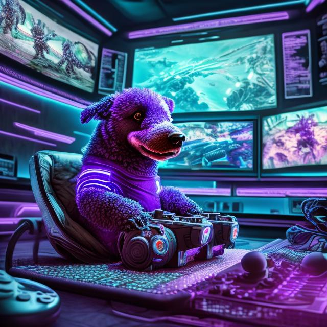 Detailed illustration of a purple dog playing video...