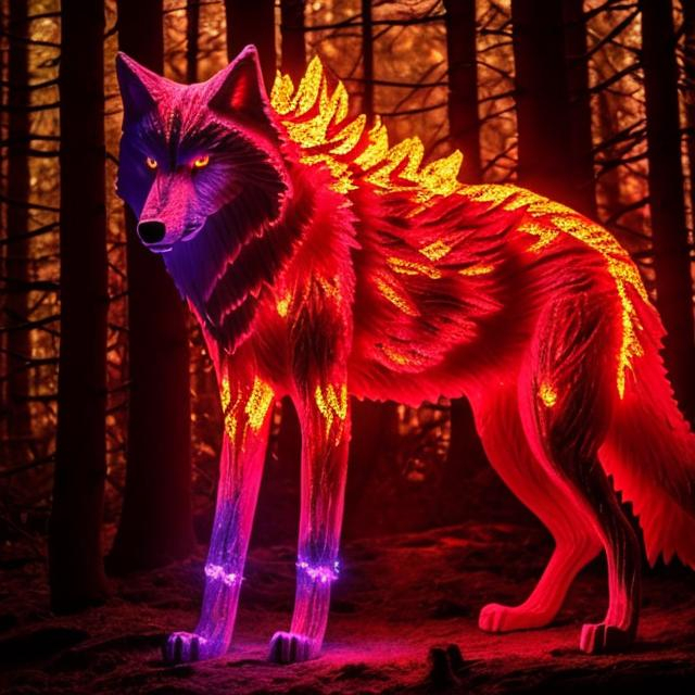 a wolf made of light red fire in the forest