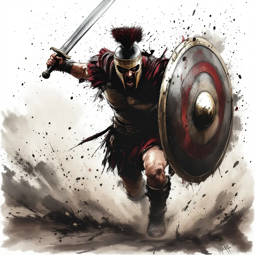 Alcohol ink splash art rendition of a spartan warrio...