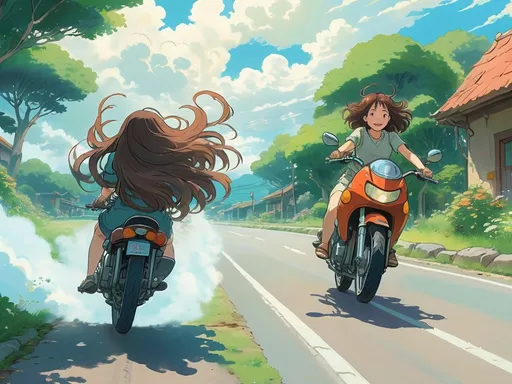 2d studio ghibli anime style, girl on motorcycle, an...