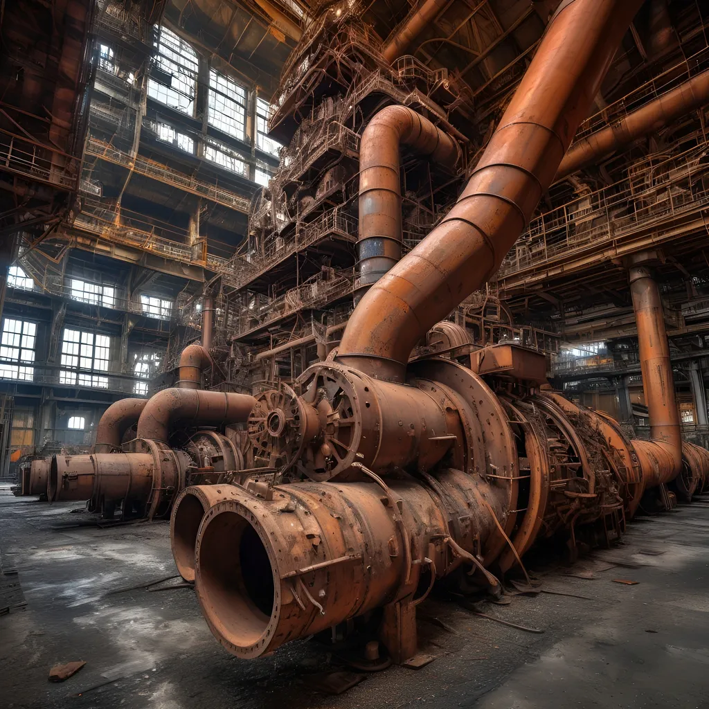 Urbex scene featuring a complex arrangement of pipes...