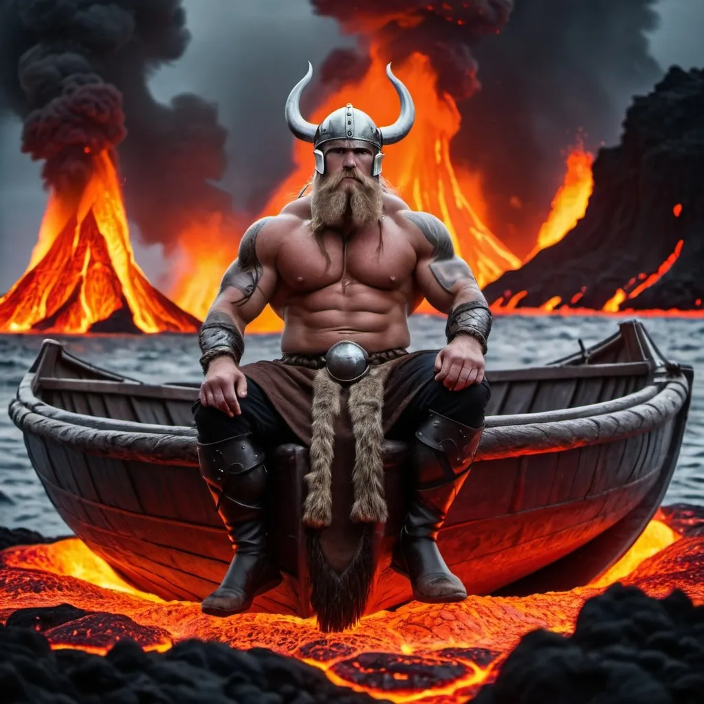 Strong Viking Sitting on a boat in the middle of lav...