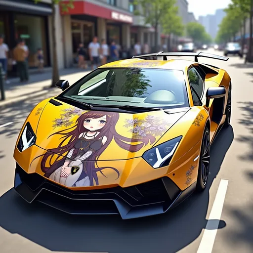 realistic lamborghini aventador, with an anime girld...