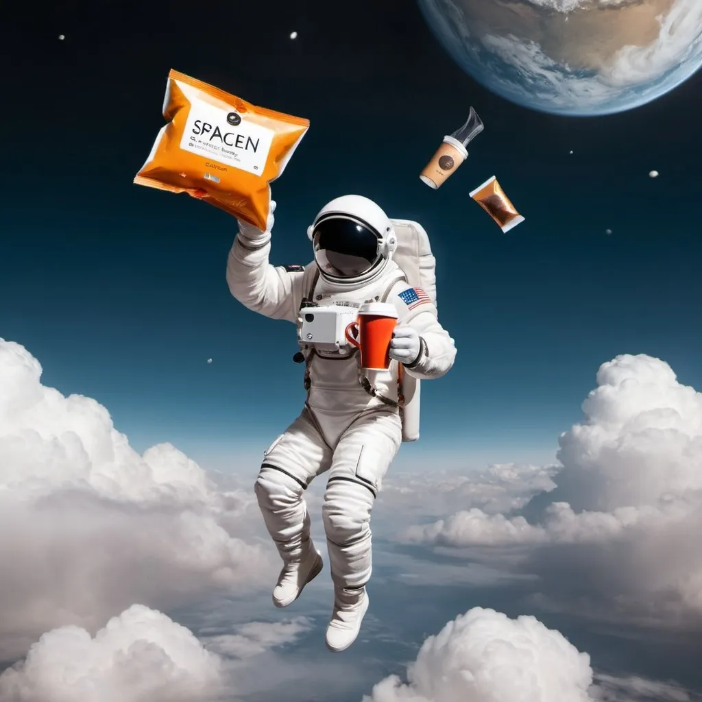 Spaceman holding coffee sachet bag and floating in t...