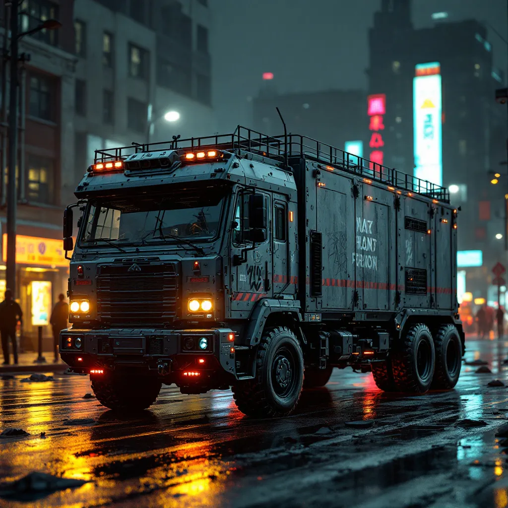 armored cyberpunk prison transport truck, reinforced...
