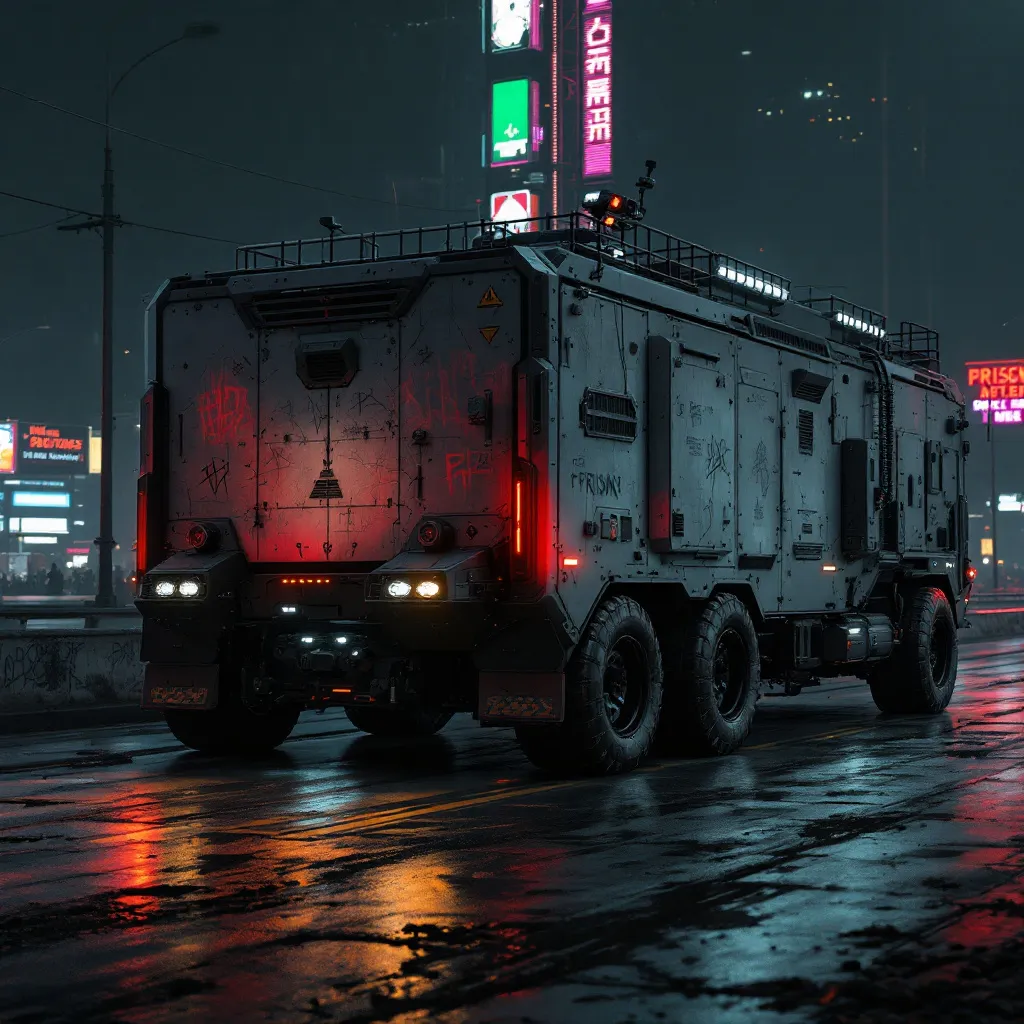 armored cyberpunk prison transport truck, reinforced...