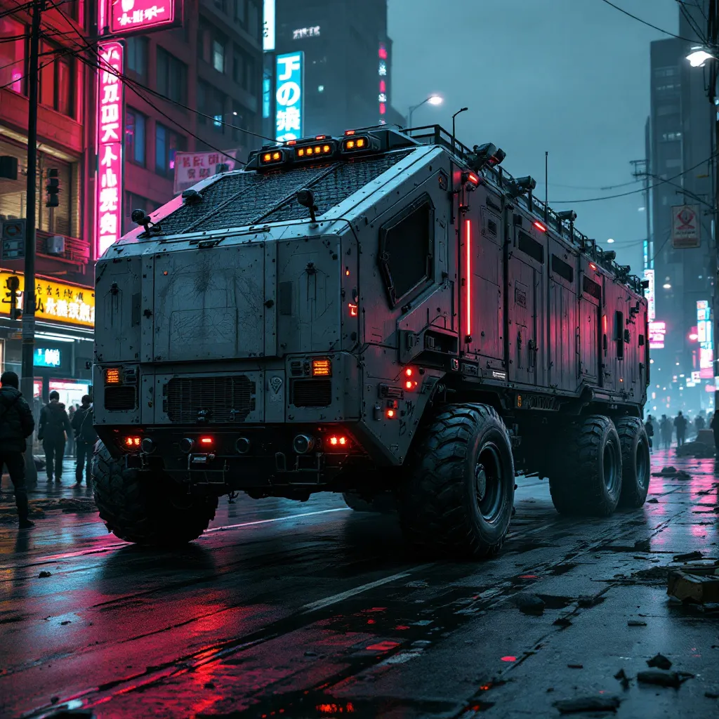 armored cyberpunk prison transport truck, reinforced...